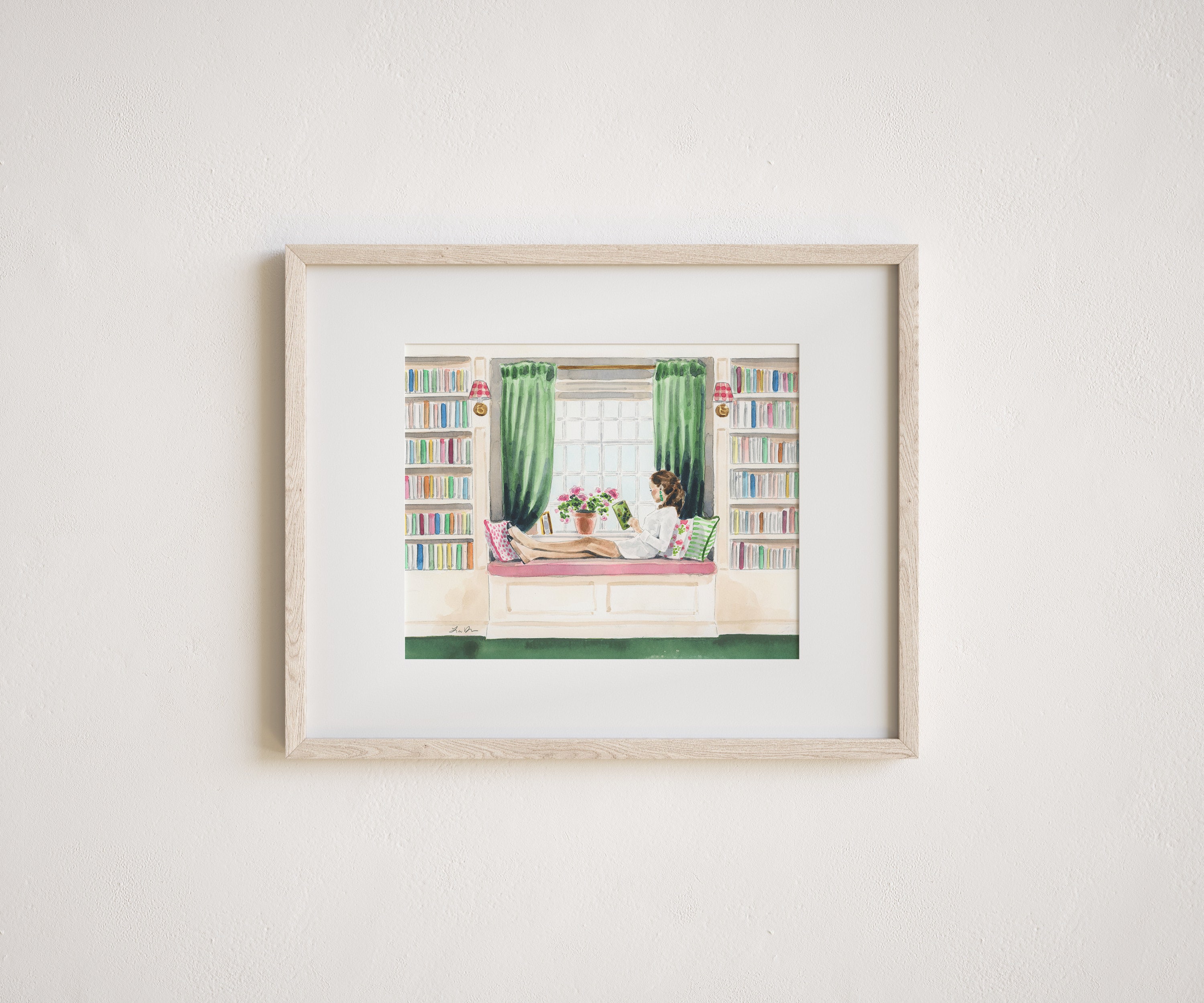 Reading Girl in Her Library Art Print, Preppy Book Art, Girly Book ...