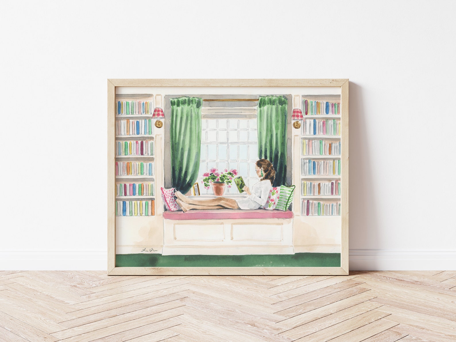 Reading Girl in Her Library Art Print, Preppy Book Art, Girly Book ...