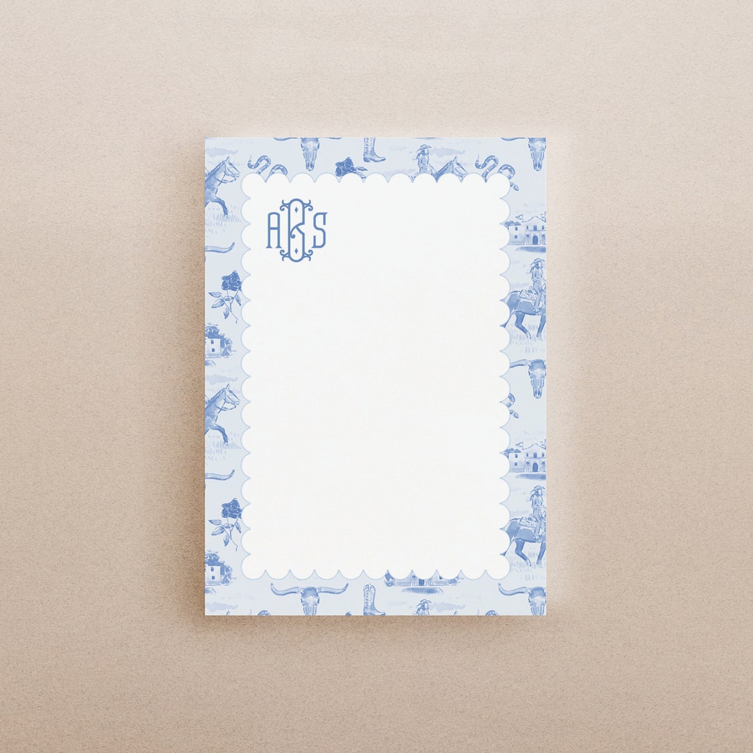 Blue Retro Cowgirl Toile Notepad, Southern Preppy Note Pad, Custom ...