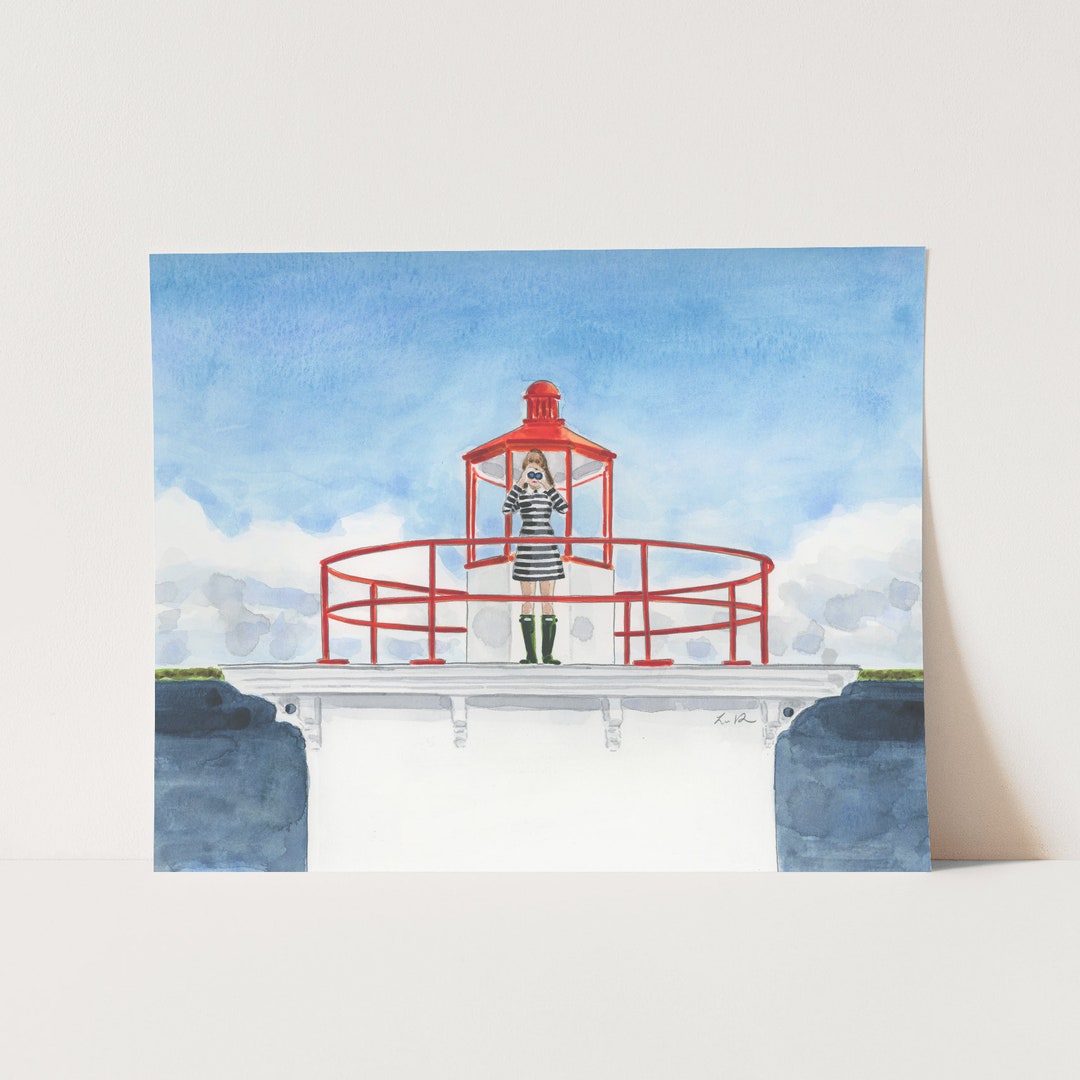 Art Print Lighthouse Girl in Striped Dress - Summer Landscape Seascape ...