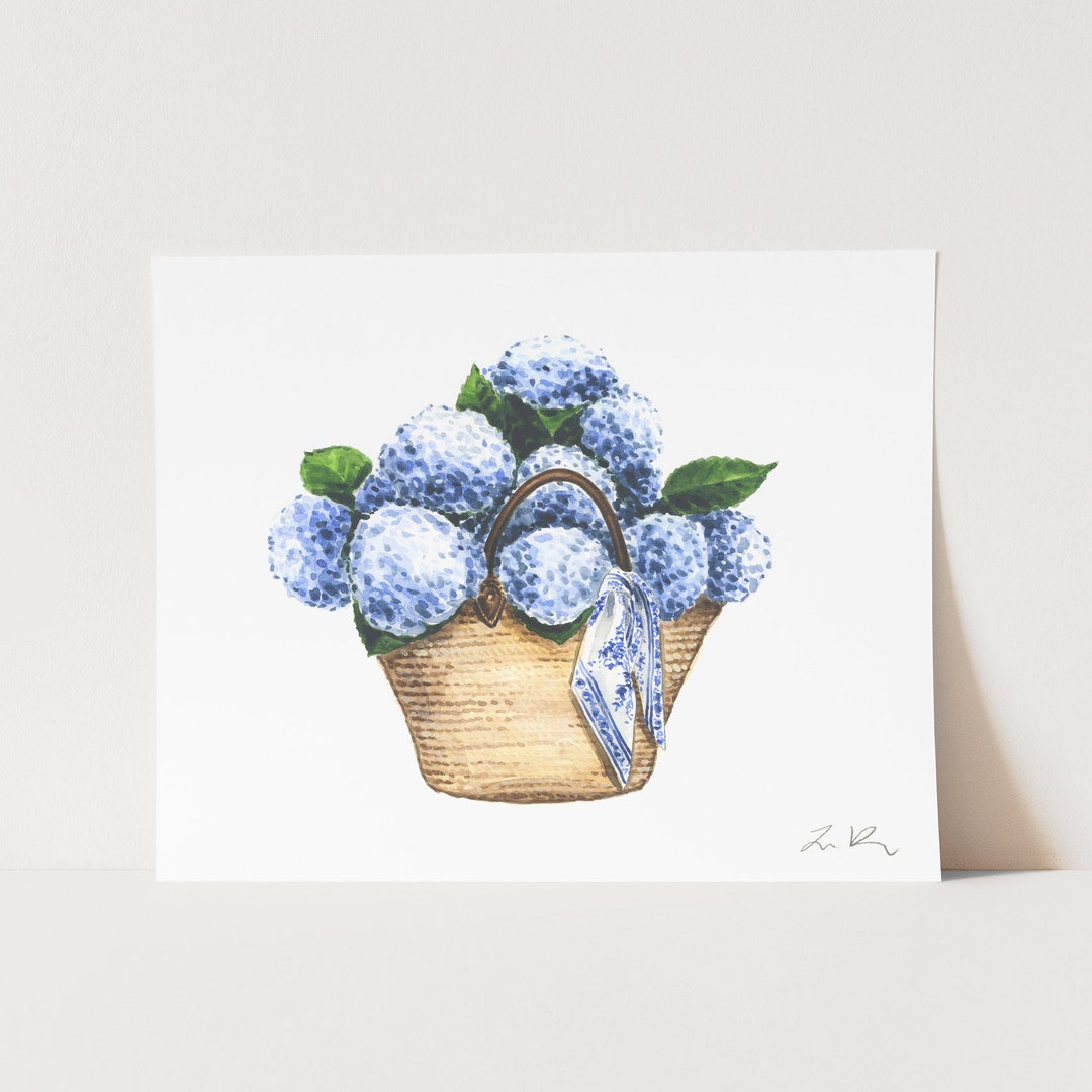 Preppy Blue Hydrangeas Straw Tote Art Print, New England Floral Wall ...
