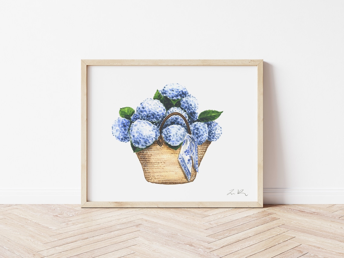 Preppy Blue Hydrangeas Straw Tote Art Print, New England Floral Wall ...