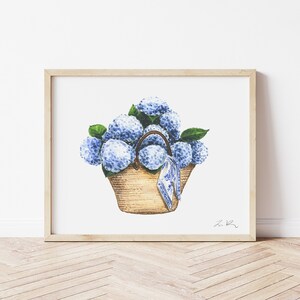 Preppy Blue Hydrangeas Straw Tote Art Print, New England Floral Wall ...