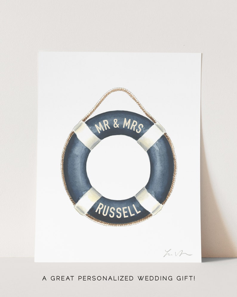 Custom Navy Blue Life Preserver Art Print, Personalized Lake House ...