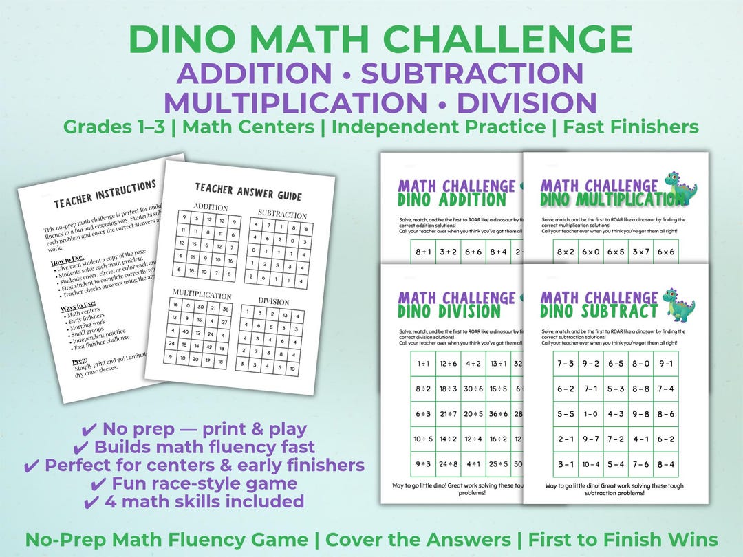 Dino Math Challenge Bundle | Addition, Subtraction, Multiplication ...