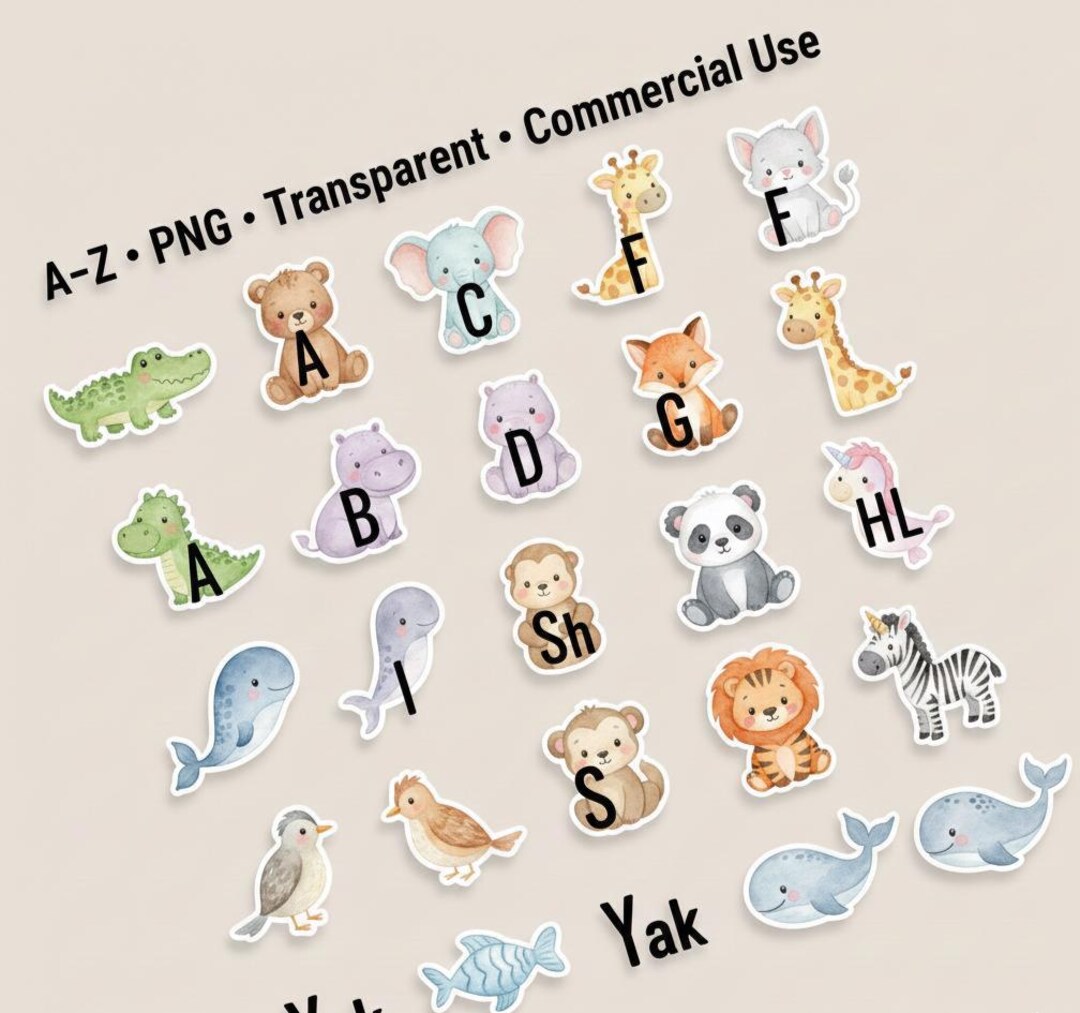 Alphabet Animals Clipart A-Z Baby Animal Watercolor PNG Nursery Clip ...