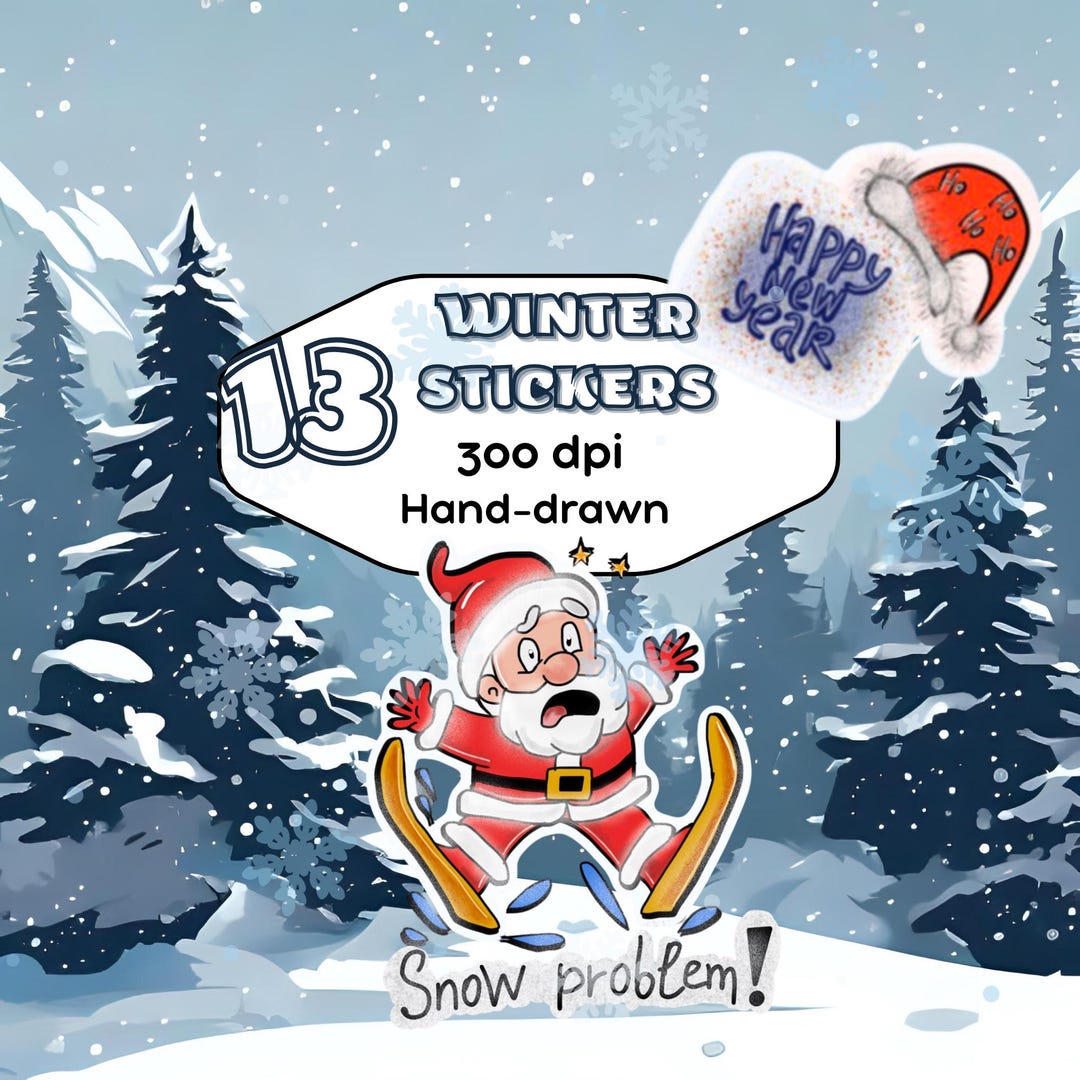 Winter Stickers Bundle | 13 Hand Drawn PNG Stickers | 300 DPI | Digital ...