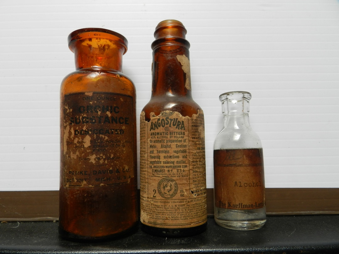 3 Antique Medicine Bottles - Amber Glass- Old Bitters, Alcohol & Orchic ...
