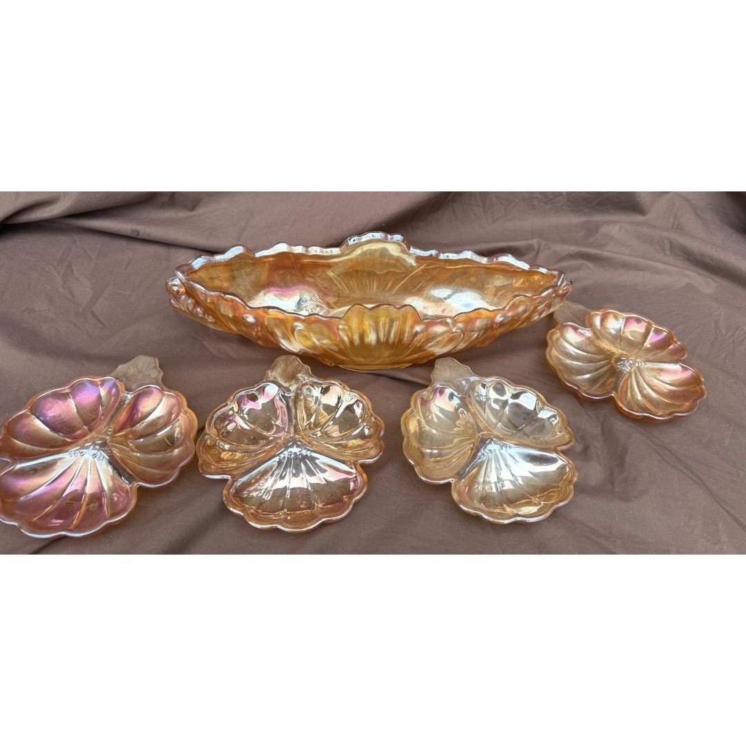 5 Piece Vintage Carnival Glass Marigold 4 Leaf Shaped Divided Candy Nut ...