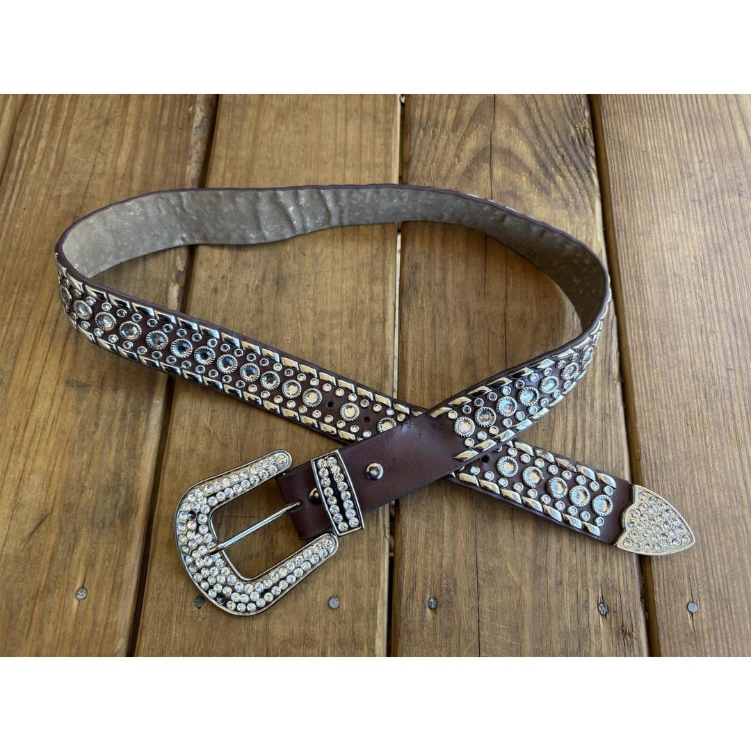 Vintage Y2K Cowgirl Western Rhinestone Crystal Bling Brown Leather Belt ...
