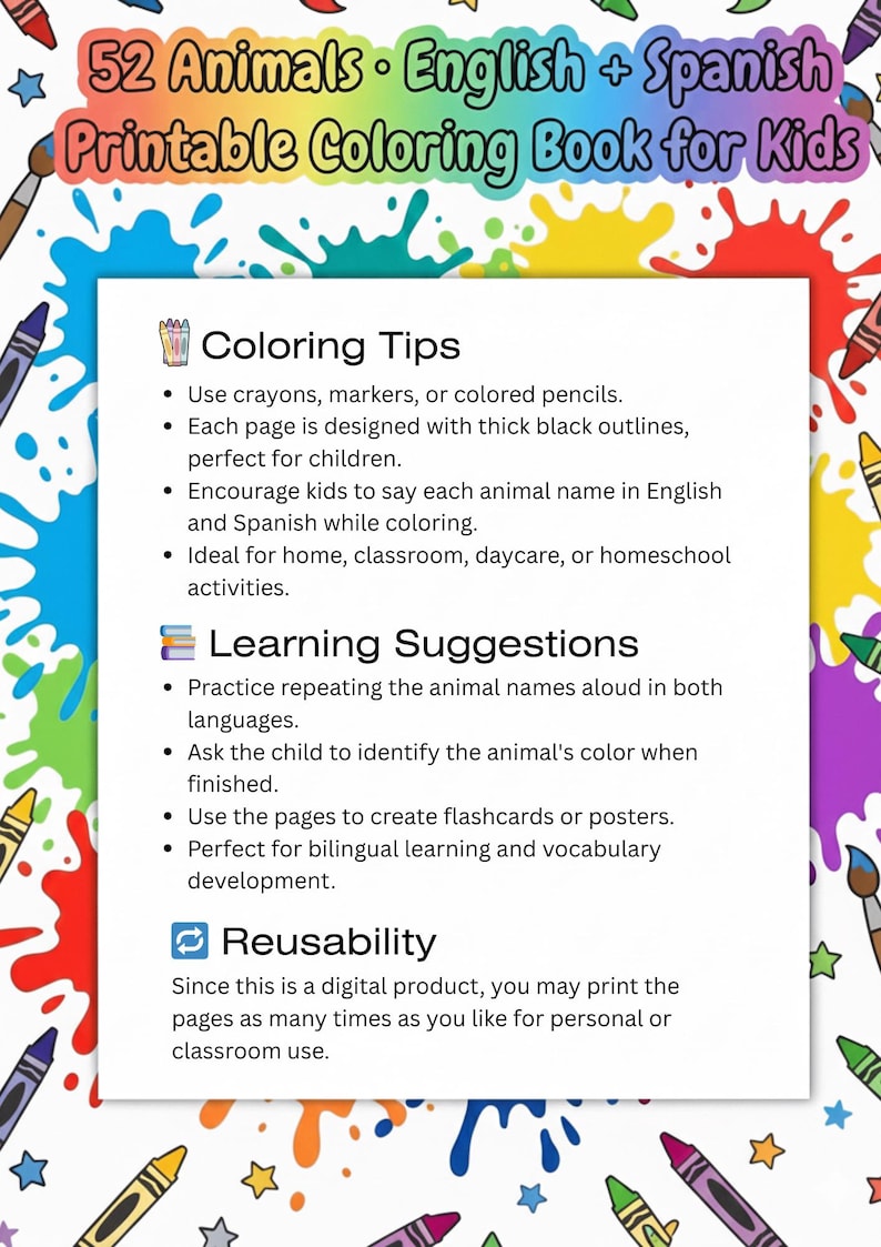 Printable Coloring Book 52 Animals English and Spanish Bilingual for ...