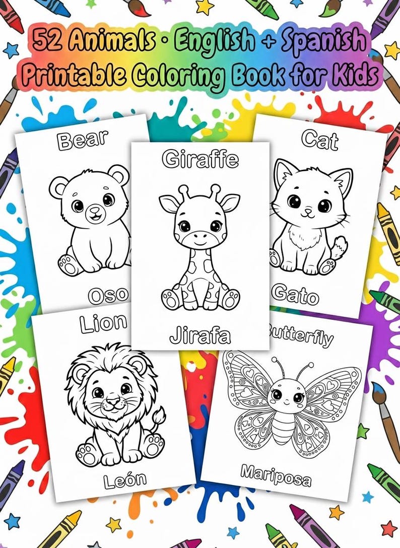 Printable Coloring Book 52 Animals English and Spanish Bilingual for ...