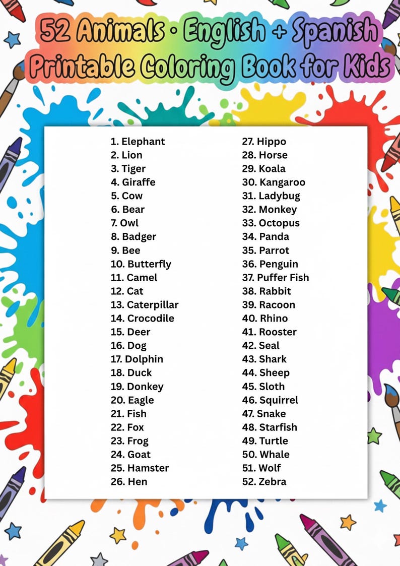 Printable Coloring Book 52 Animals English and Spanish Bilingual for ...