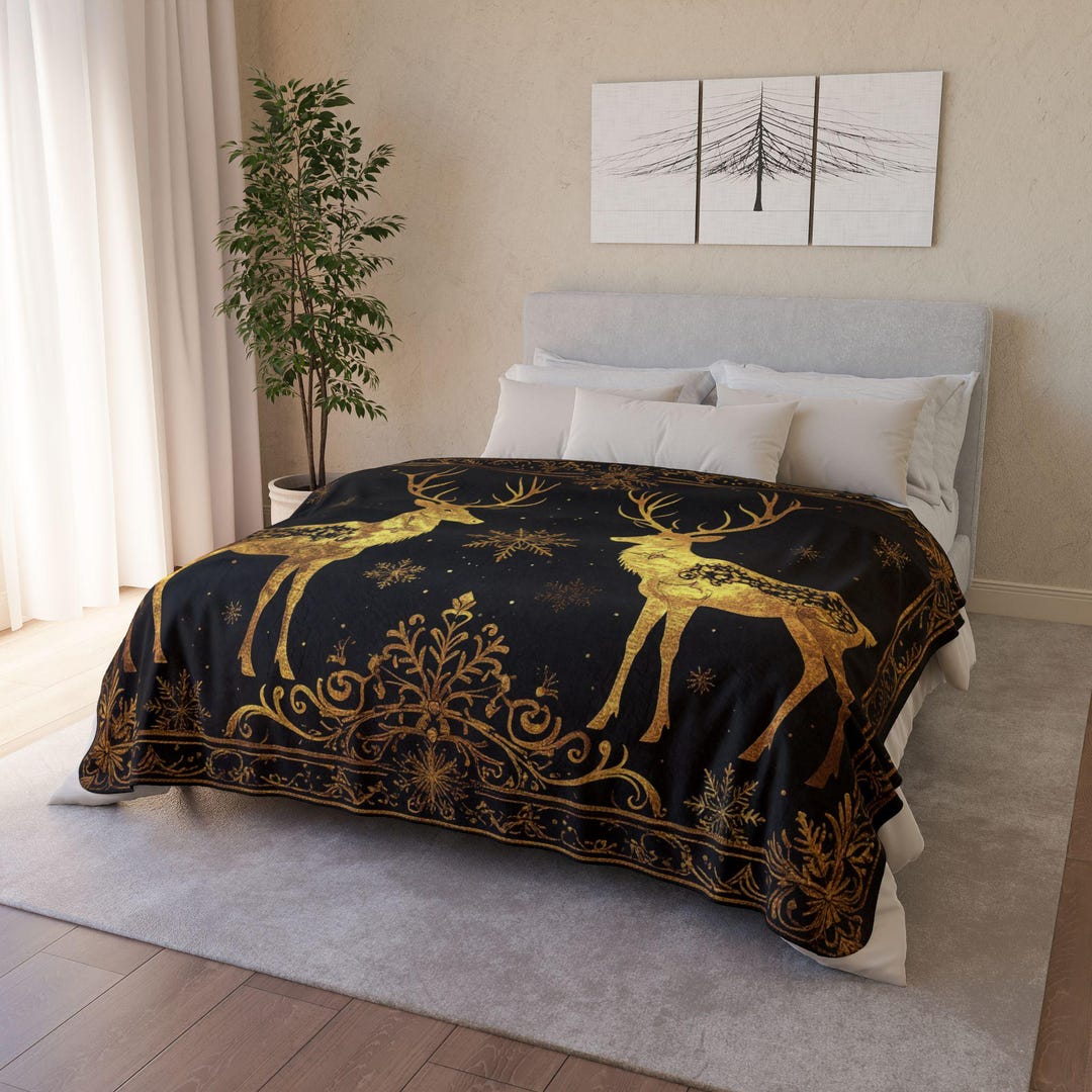 Gold Reindeer Snowflake Fleece Sherpa Blanket | Christmas Deer Throw - Etsy