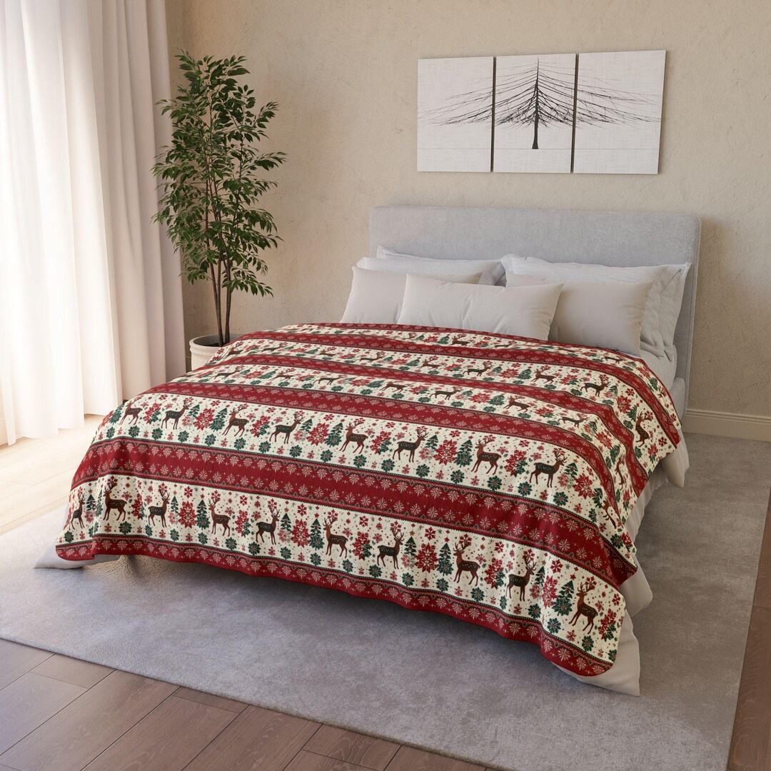 Retro Scandinavian Reindeer Pattern Blanket | Christmas Nordic Stripe ...