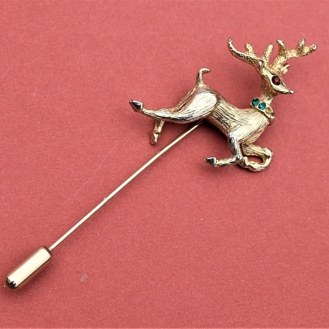 Vintage Christmas Brooch Gold Reindeer Lapel Pin Figural Brooch Vintage ...