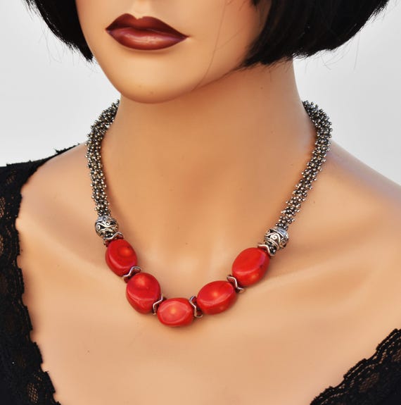 Handmade Italian Red Coral Necklace Unique Chunky Gemstone Statement Jewelry Boho Necklace for Women Etsy