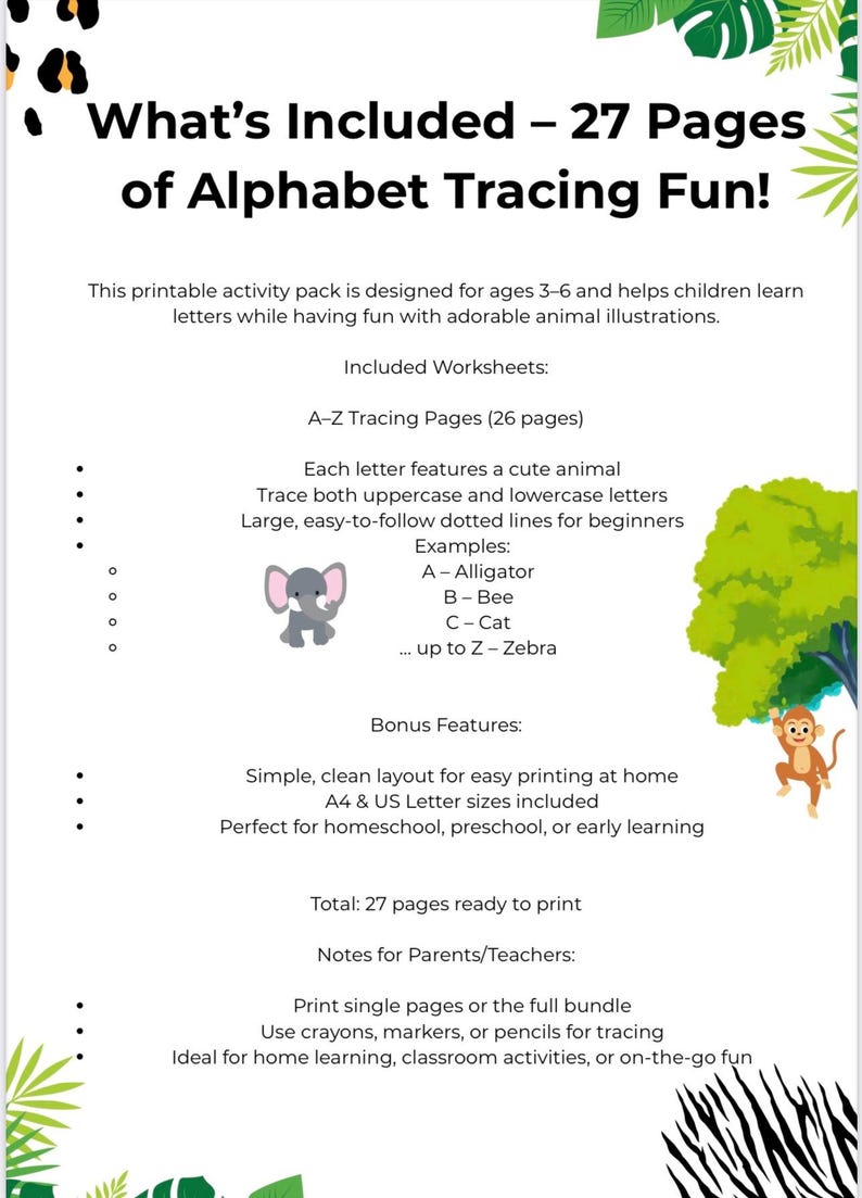 Animal Alphabet Tracing Worksheets – 27 Printable Pages for Kids – Ages ...