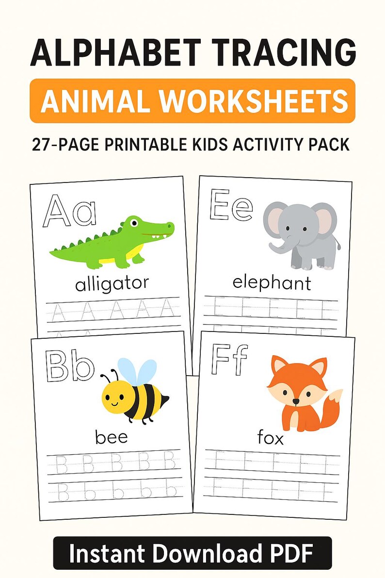 Animal Alphabet Tracing Worksheets – 27 Printable Pages for Kids – Ages ...
