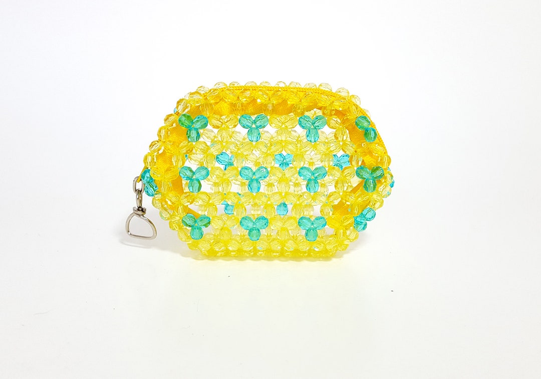 Beaded Wallet, Beaded Coin Purse, Yellow Teal Bead Coin Purse, Bead ...
