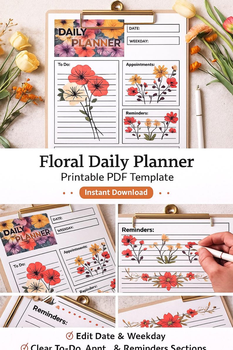 Floral Daily Planner — Printable PDF Template - Etsy
