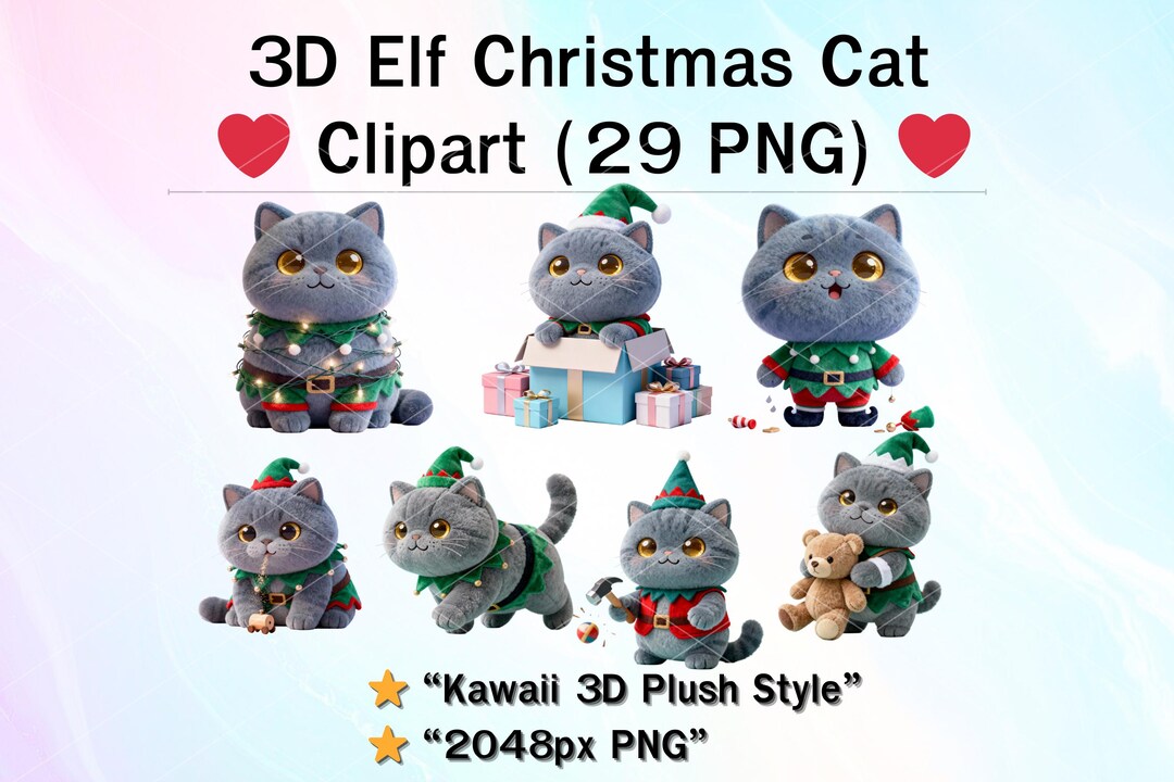 Kawaii Christmas Elf Cat Clipart – 3D Plush PNG Bundle (29 Files) - Etsy