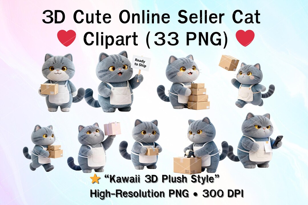 Cute Seller Cat PNG Clipart | Kawaii Shop Cat | Packing & Delivery Cat ...