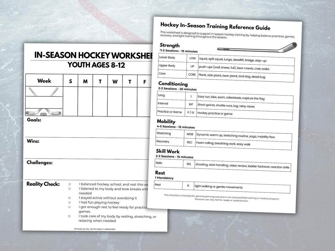 In-season Hockey Training Worksheet for Youths | Weekly Hockey Planner ...