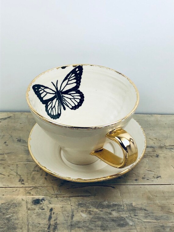 Monarch Butterfly White and Gold Porcelain Tea Cup & Saucer or | Etsy