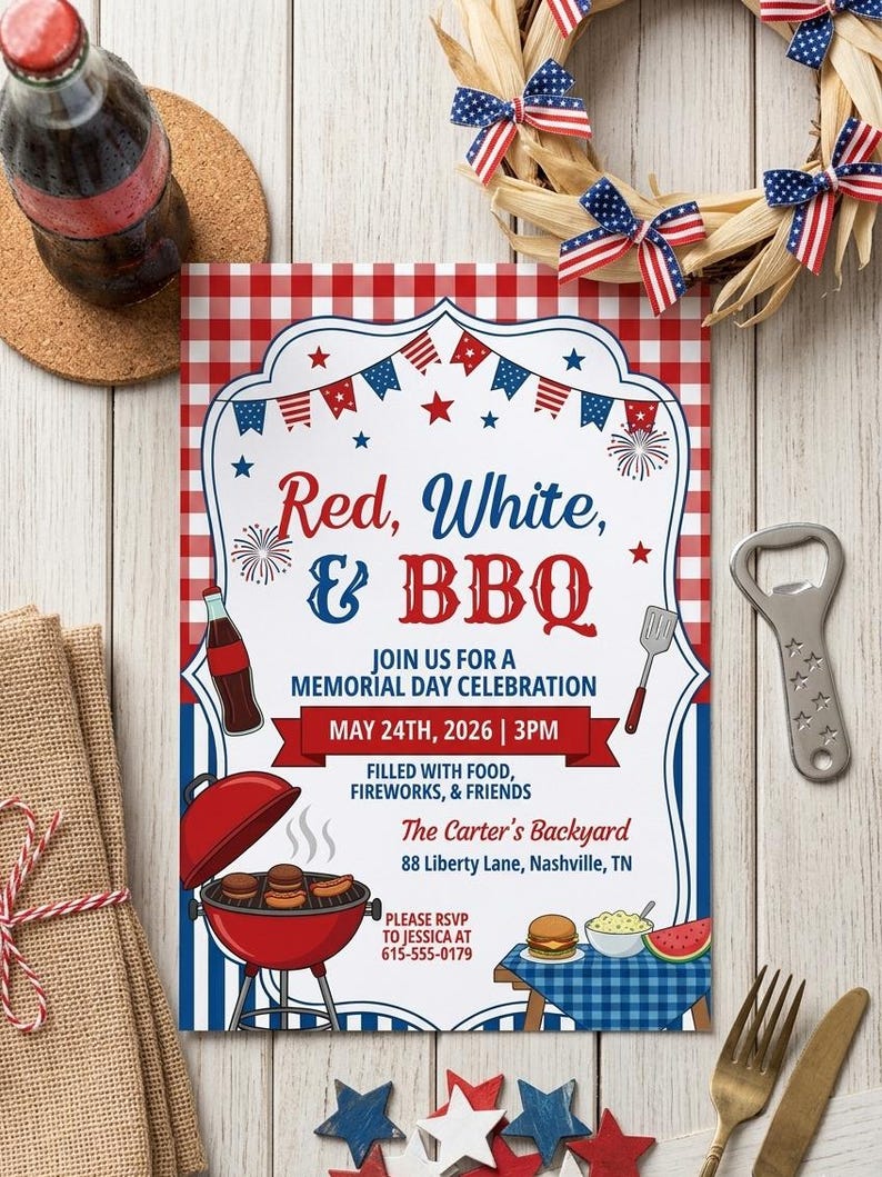 Red White BBQ Invitation, Memorial Day Party, USA Patriotic Canva ...