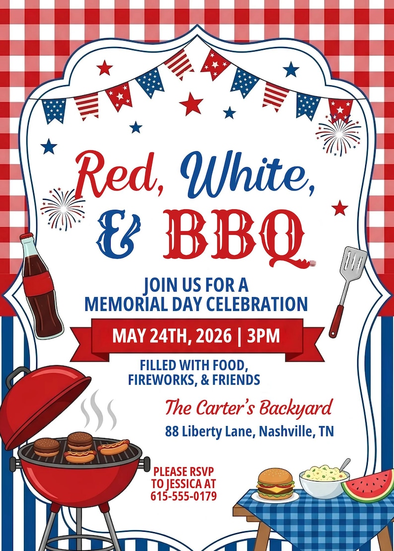 Red White BBQ Invitation, Memorial Day Party, USA Patriotic Canva ...