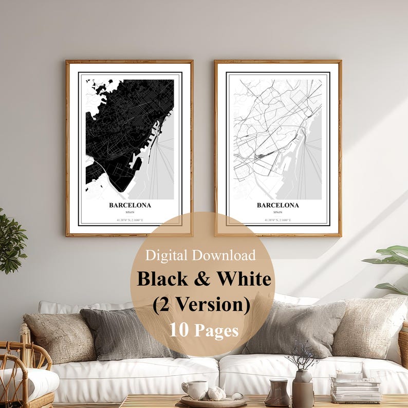 Barcelona City Map Printable | Minimalist Black & White Barcelona Wall ...