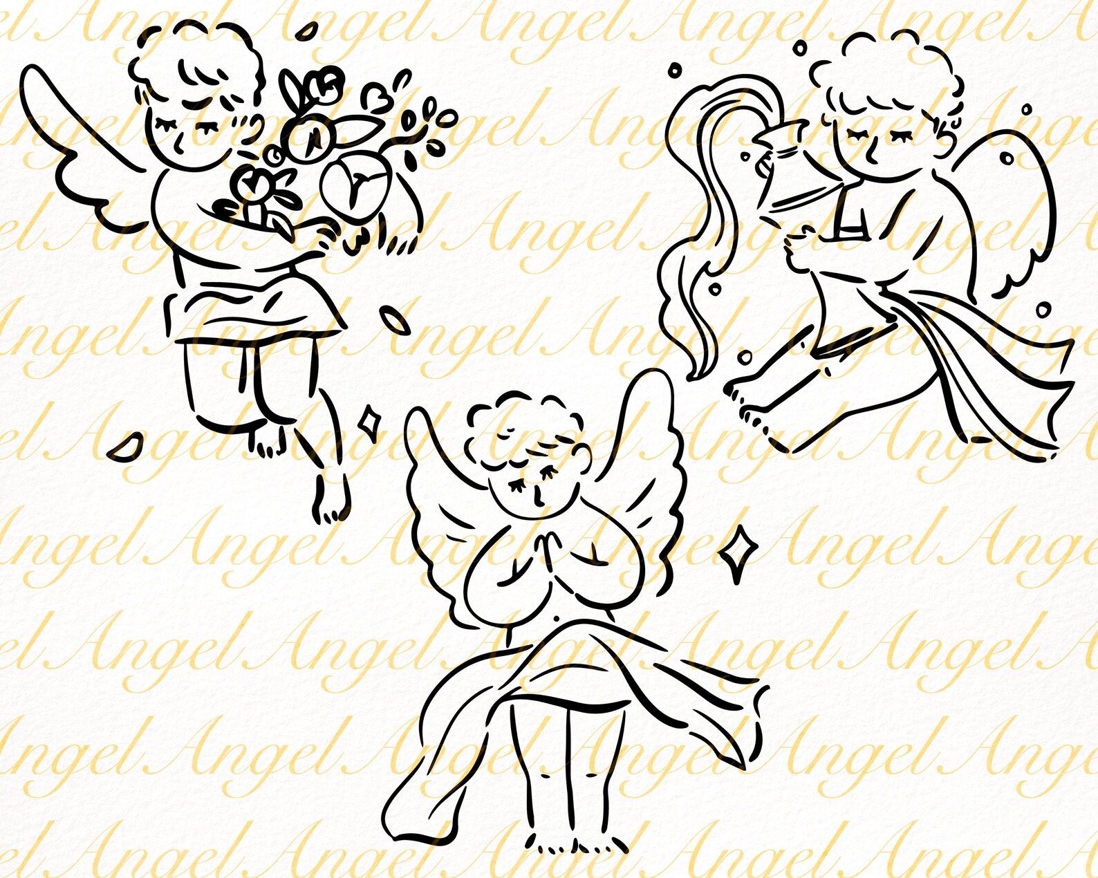 Cupid Angel Line Art Clipart, Vintage Cherub Illustration Set, Romantic ...