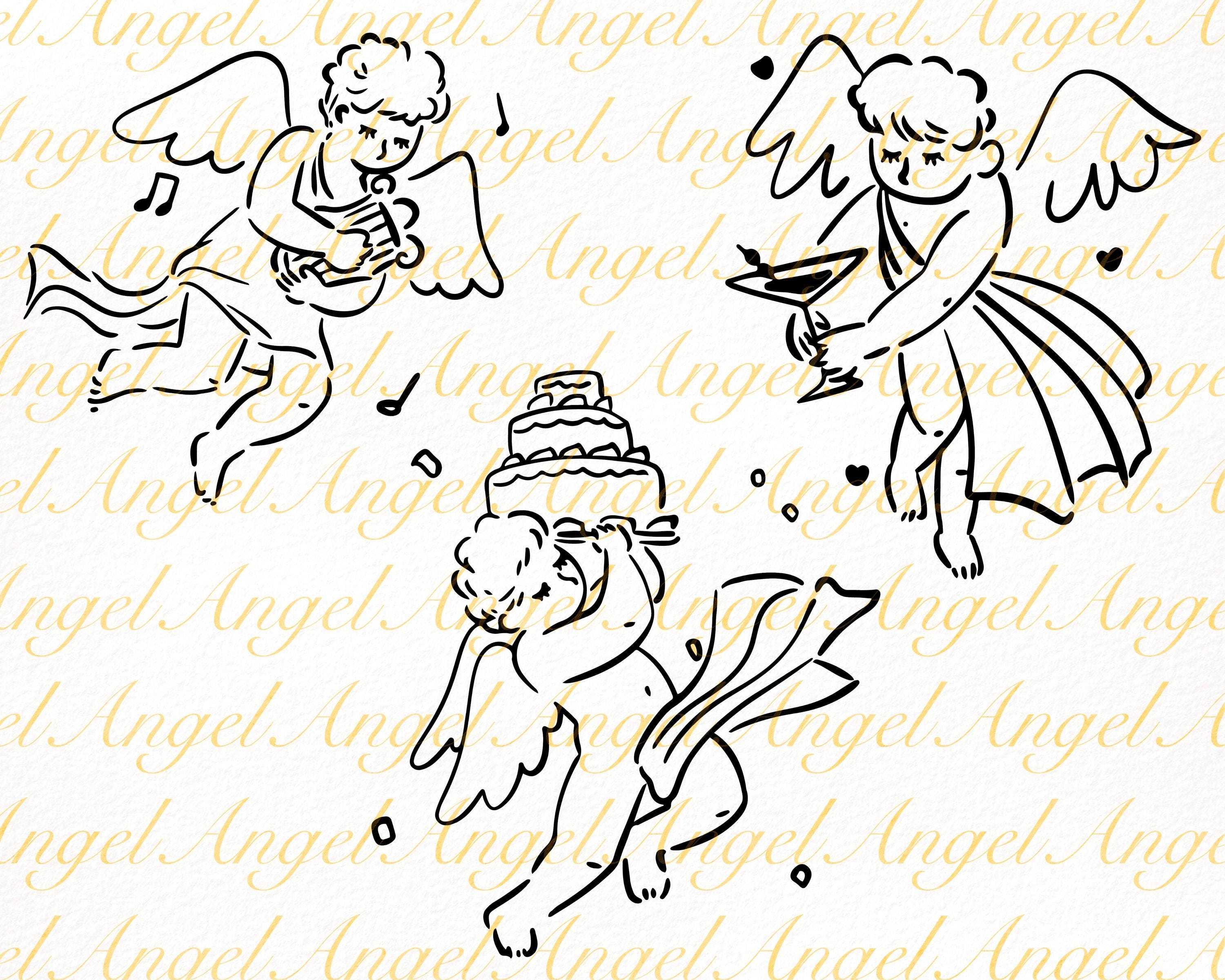 Cupid Angel Line Art Clipart, Vintage Cherub Illustration Set, Romantic ...