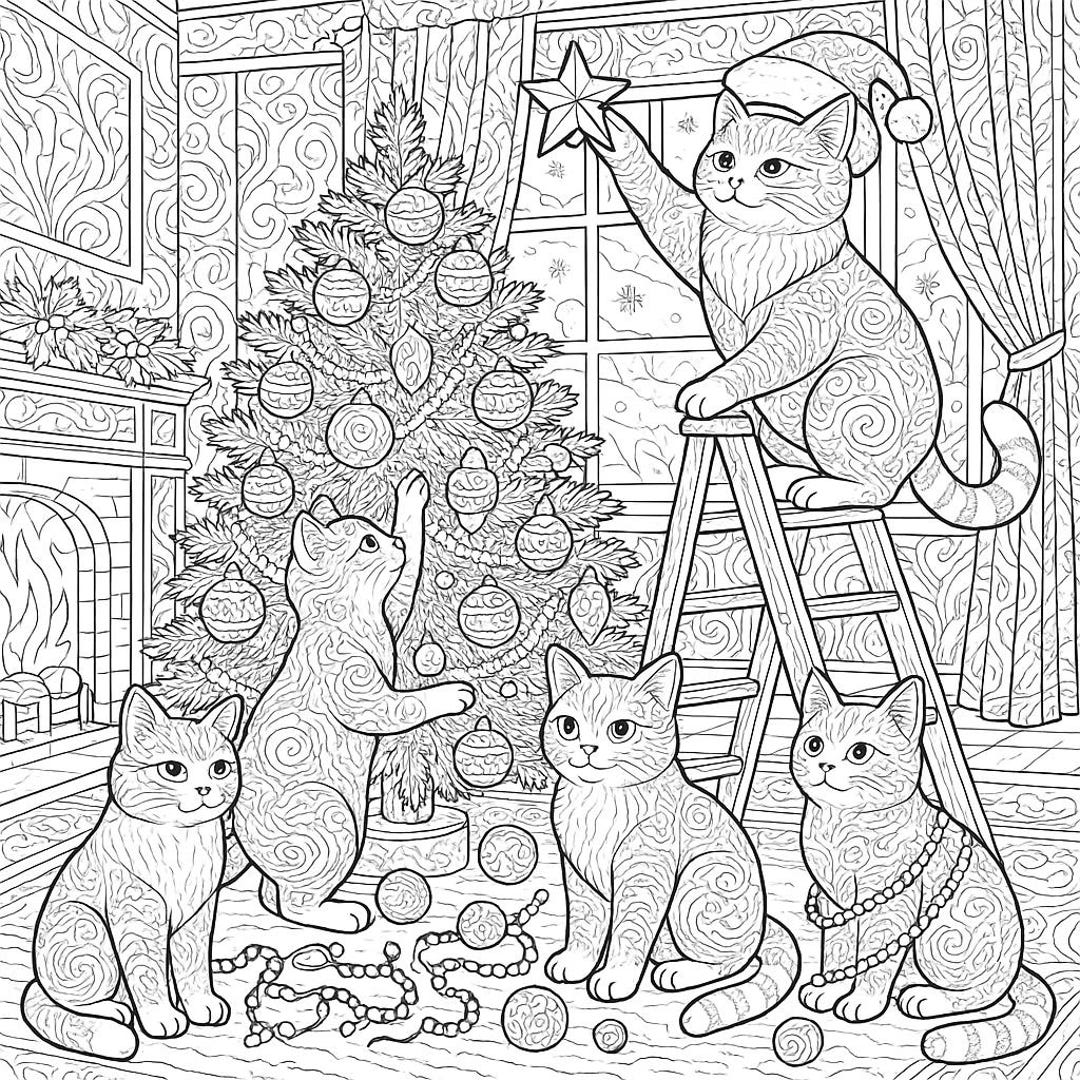 Merry Mischief Cats – Holiday Mini Coloring Set (5 Pages) - Etsy