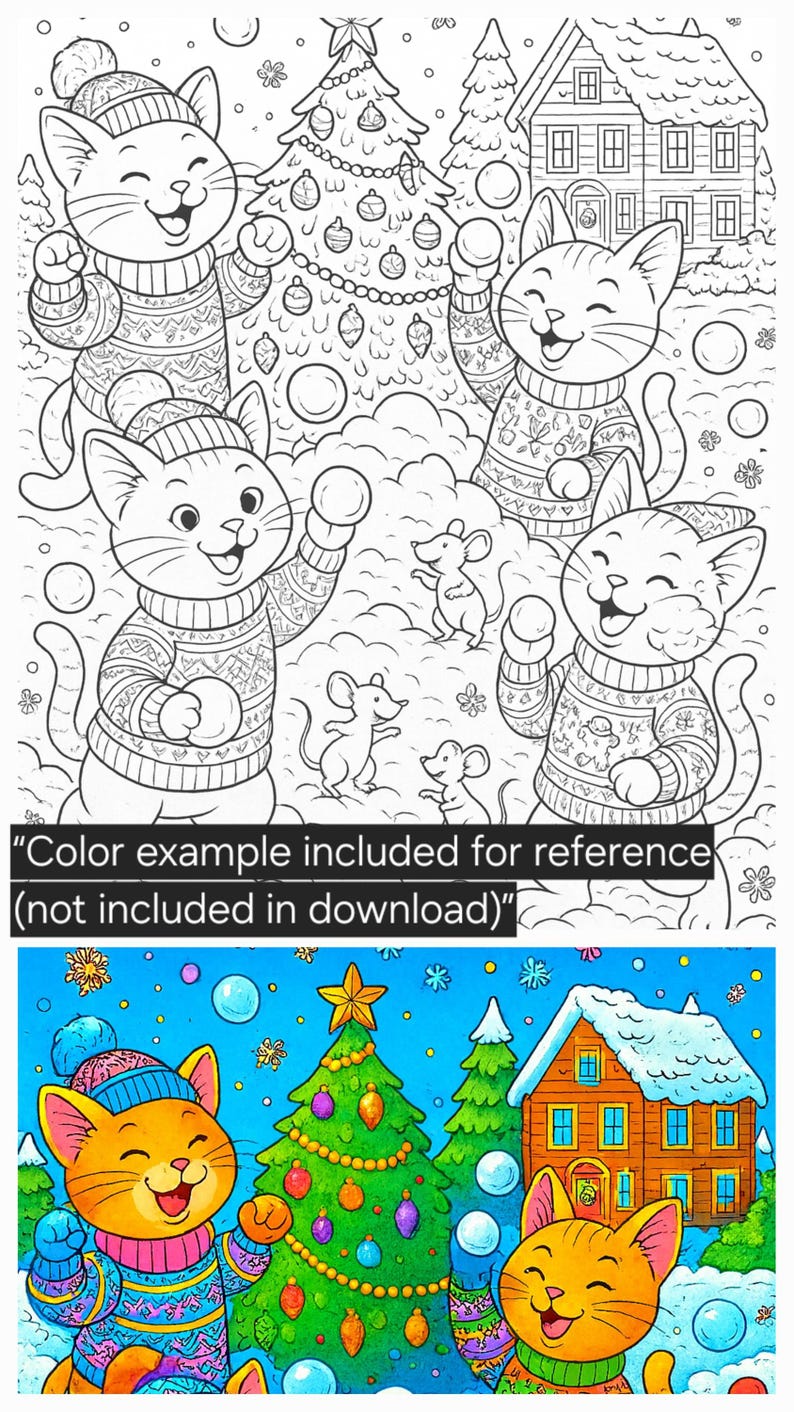 Snowball Fighting Cats / 1 Coloring Page • Fun Winter Holiday Scene - Etsy