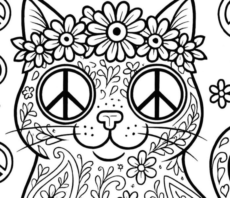 Hippie Cat Coloring Page • Paisley Peace Sign Cat Line Art • Bonus ...