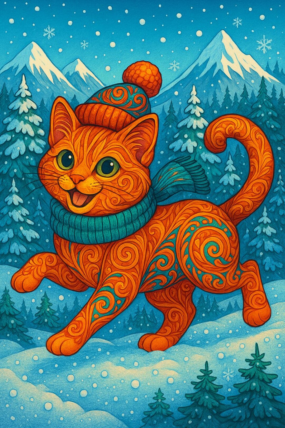 Winter Snow Cat Coloring Pages • Holiday Set of 4 • 2 Black and White ...
