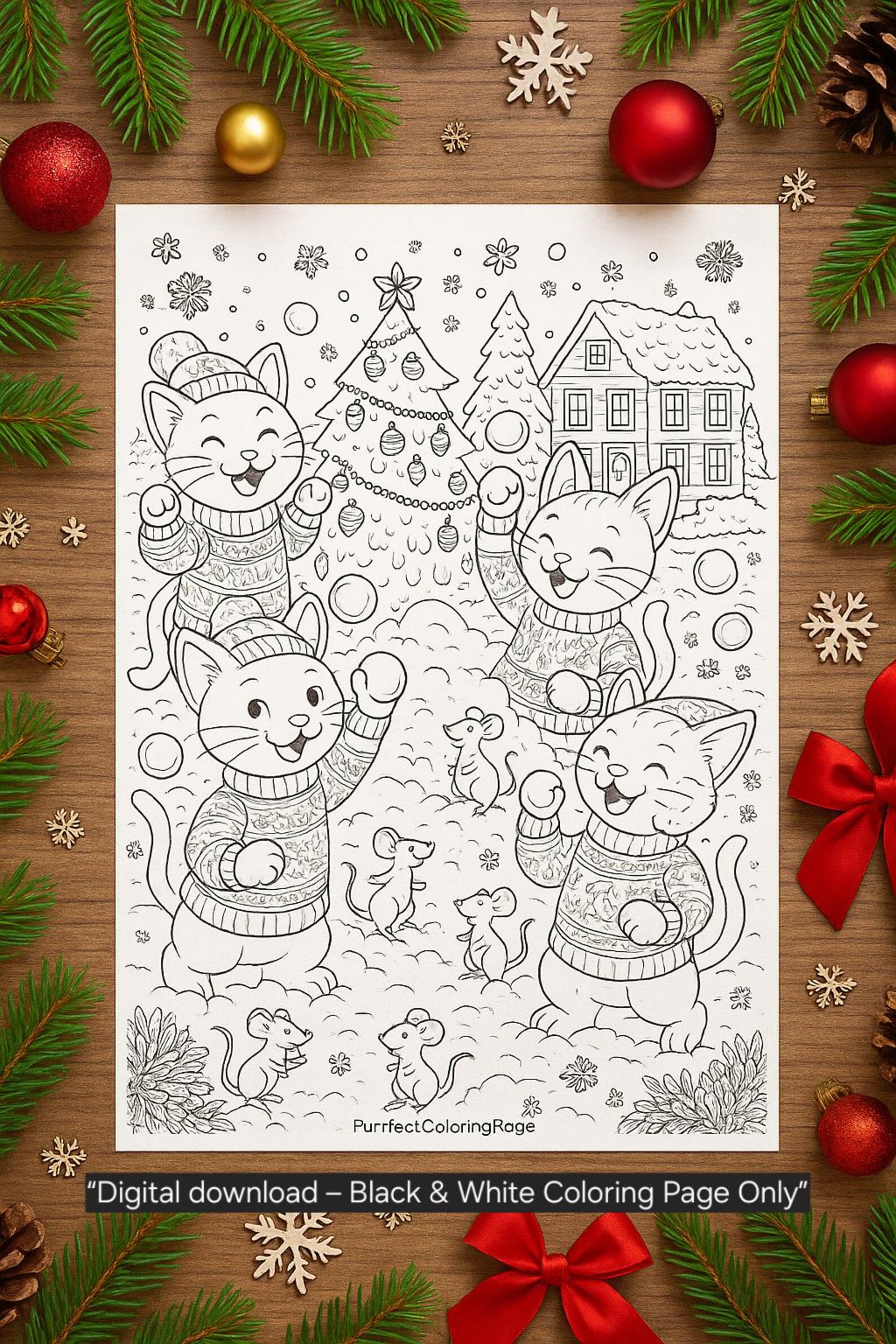 Snowball Fighting Cats / 1 Coloring Page • Fun Winter Holiday Scene - Etsy