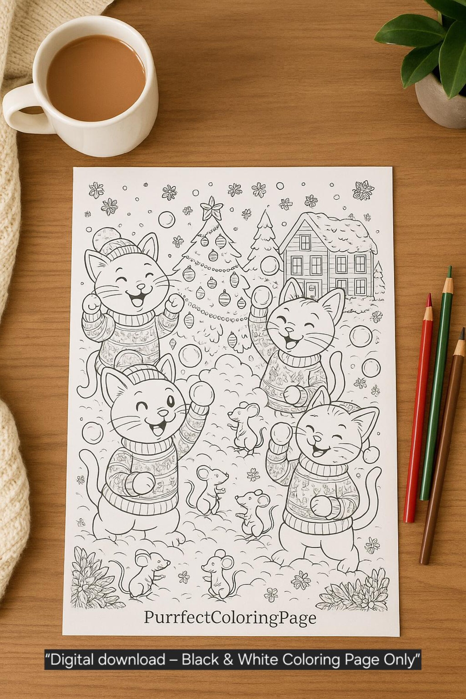 Snowball Fighting Cats / 1 Coloring Page • Fun Winter Holiday Scene - Etsy