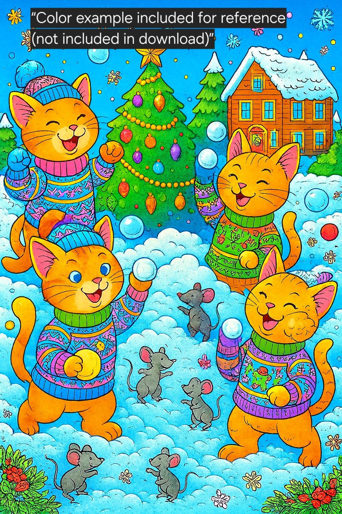Snowball Fighting Cats / 1 Coloring Page • Fun Winter Holiday Scene - Etsy