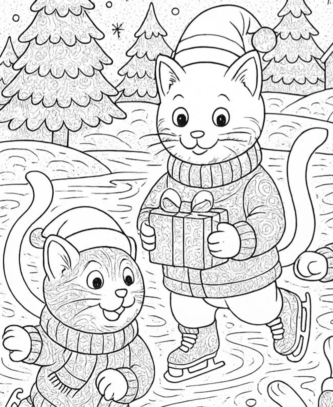 Ice Skating Cats Coloring Page • 1 Winter Cat Illustration to Color - Etsy