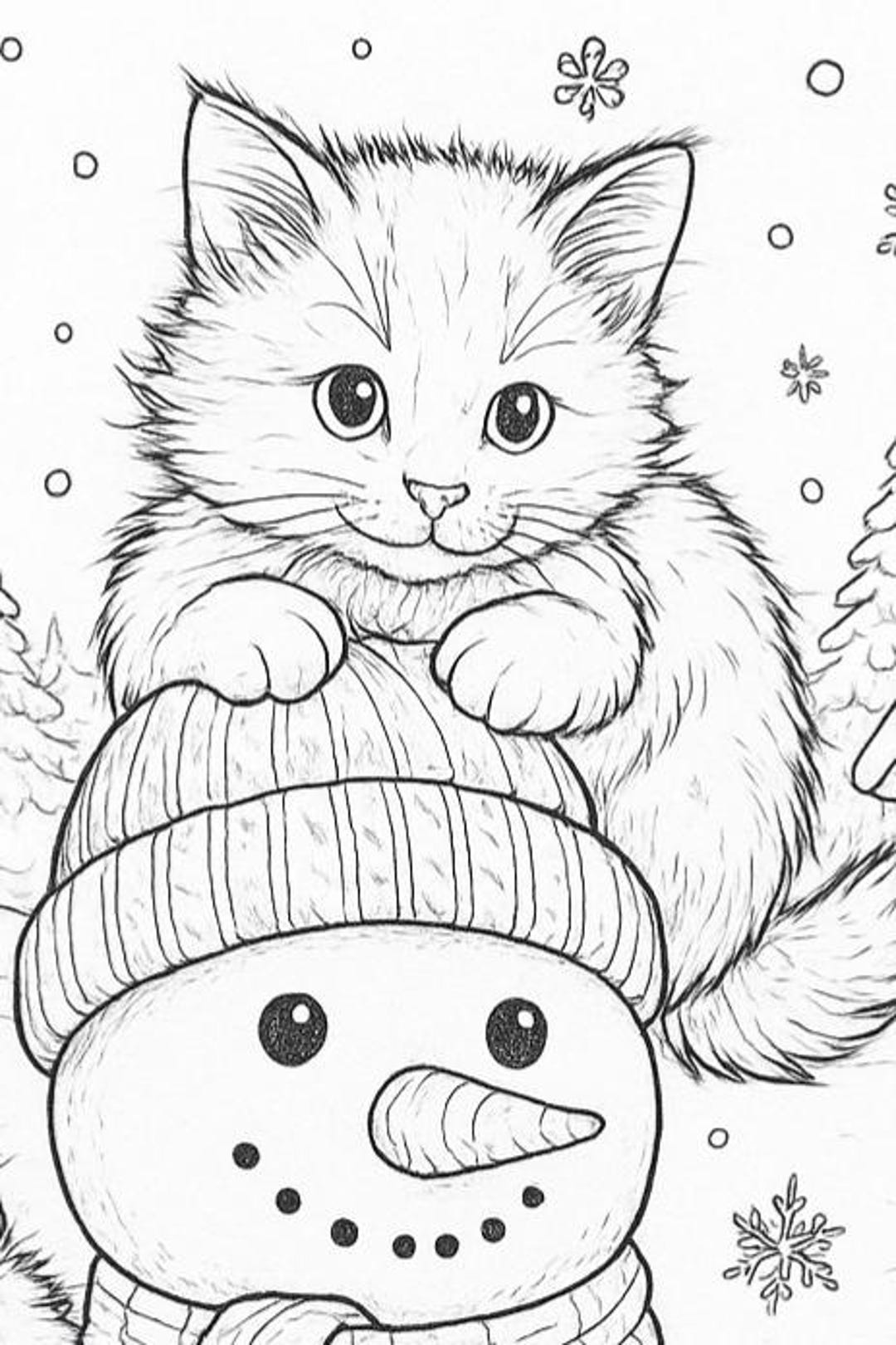 Christmas Kittens With Snowman – Cozy Winter Coloring Page - Etsy