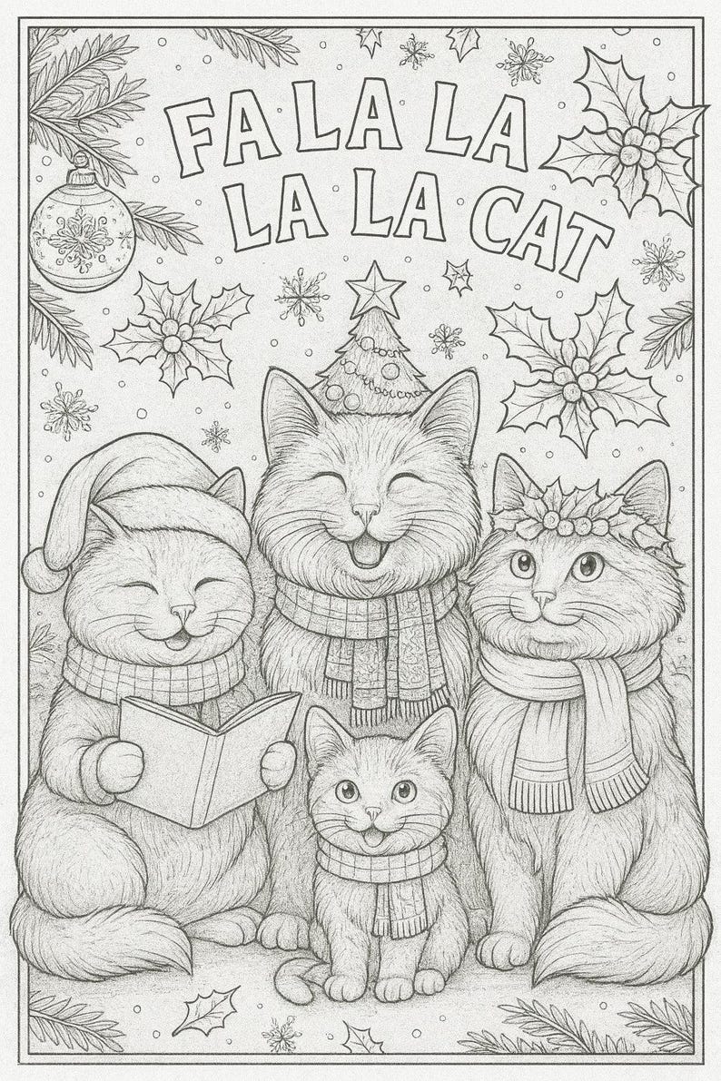 Set of 4 Christmas Cat Coloring Pages • Festive Printable Holiday Art ...