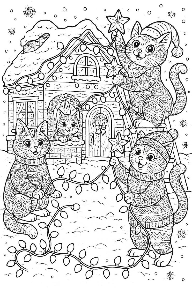 Merry Mischief Cats – Holiday Mini Coloring Set (5 Pages) - Etsy