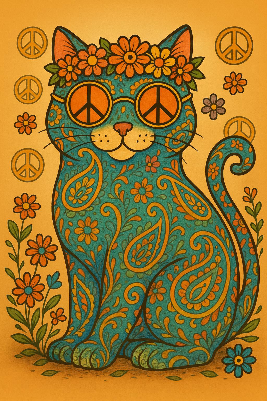 Hippie Cat Coloring Page • Paisley Peace Sign Cat Line Art • Bonus ...
