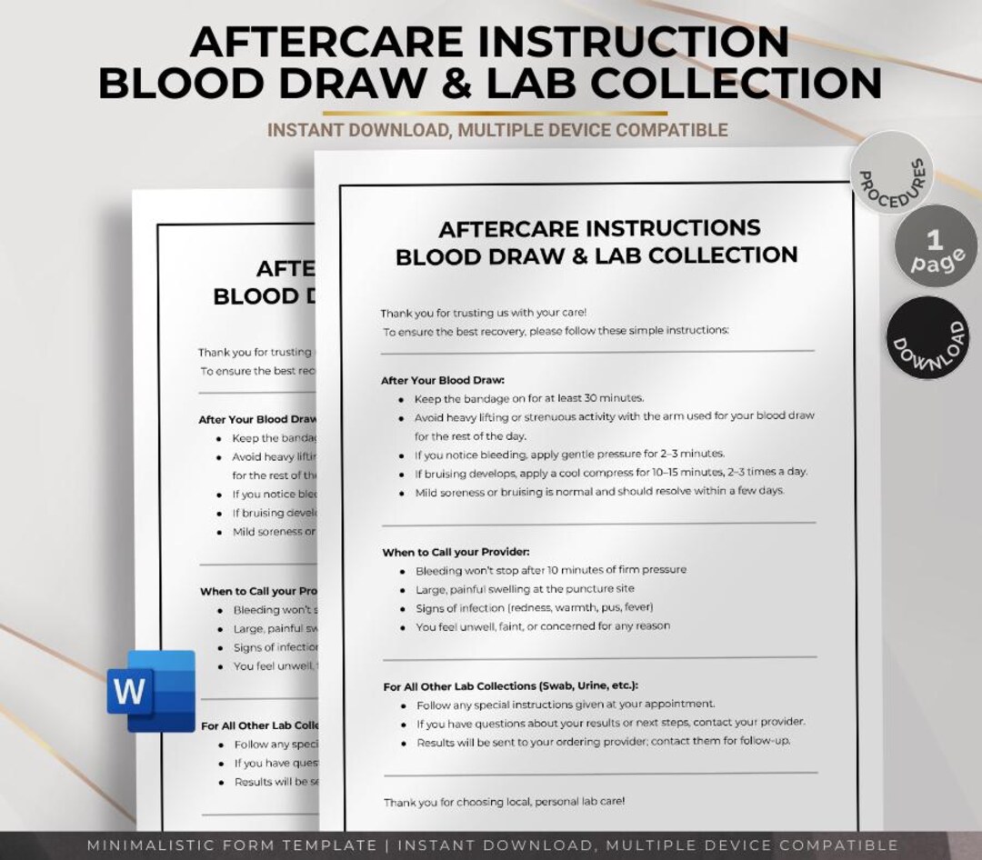 Blood Draw Aftercare Instructions for Lab Collection, Printable Patient ...