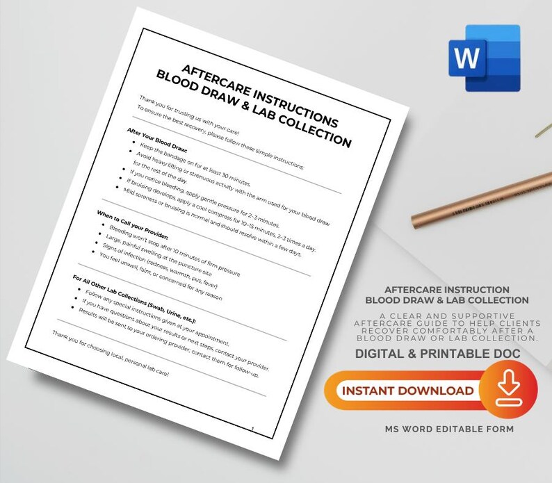 Blood Draw Aftercare Instructions for Lab Collection, Printable Patient ...