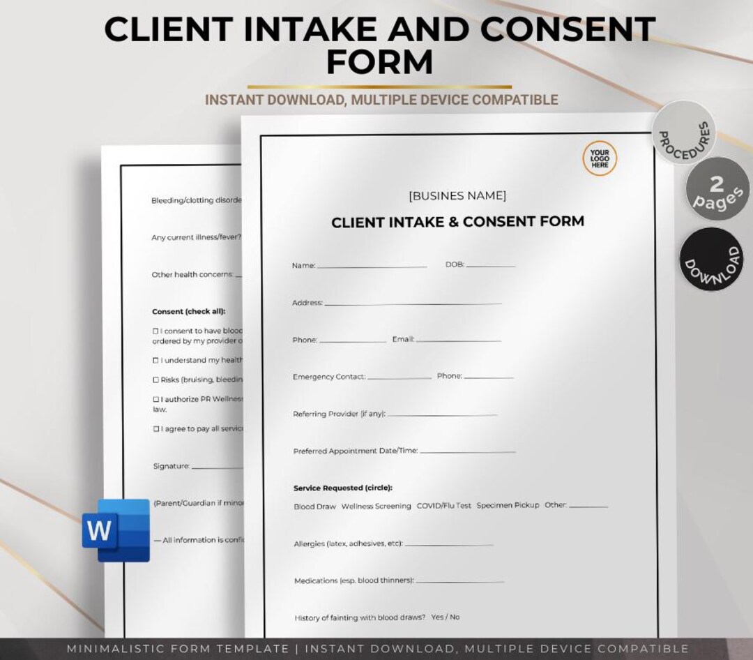Client Intake and Consent Form Template, Editable Digital Document for ...