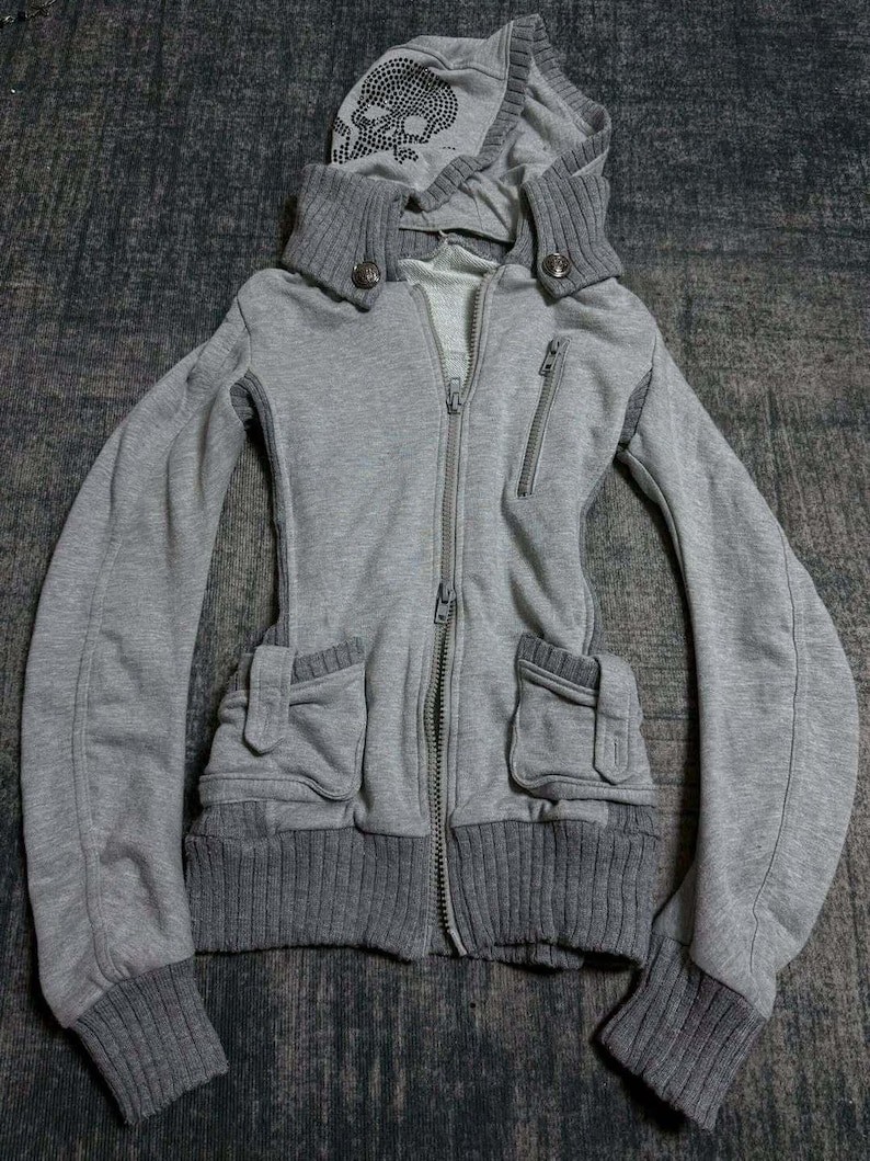 Gothic Skull Patchwork Hoodie – Gray Y2K Slim Fit Jacket - Etsy Australia